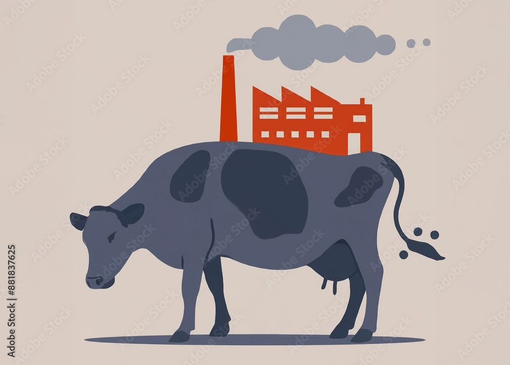 Cow with factory on the back as metaphor of cow fart. Animal is ...