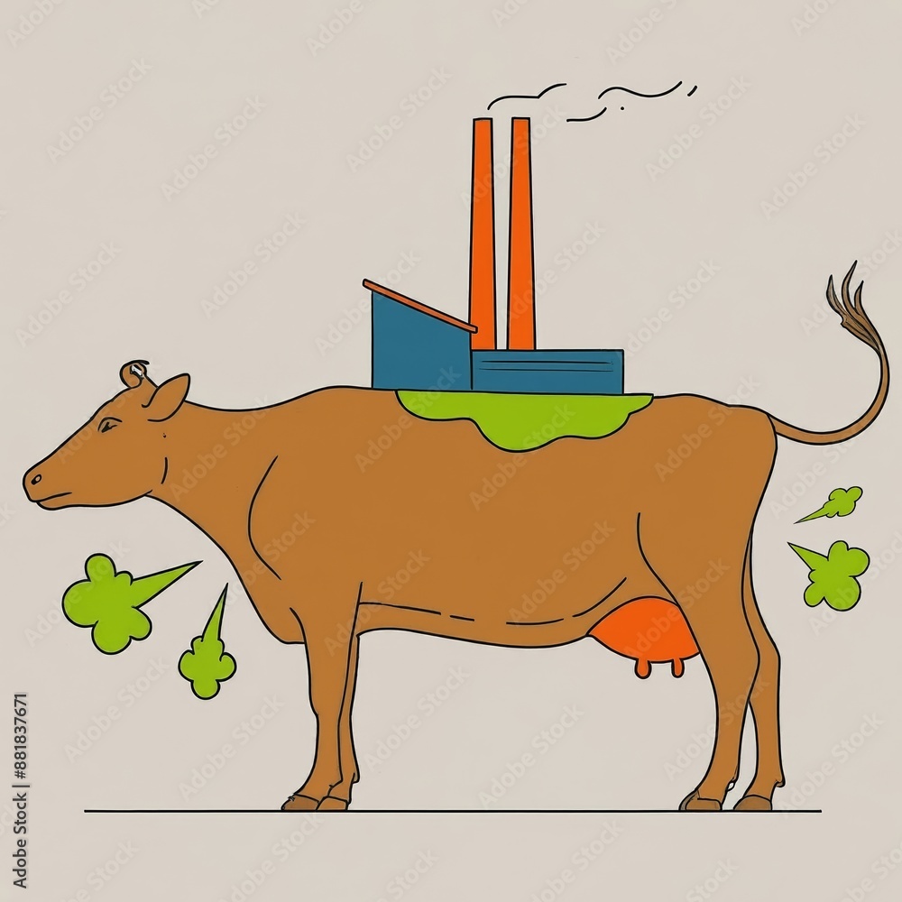 Cow with factory on the back as metaphor of cow fart. Animal is ...