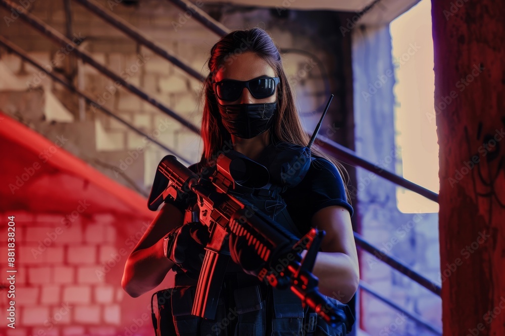 Special forces soldier SWAT team female soldier standing on her ...