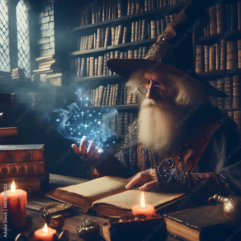 Old wizard learning the ways of magic. The environment is a quiet and studious library filled ...