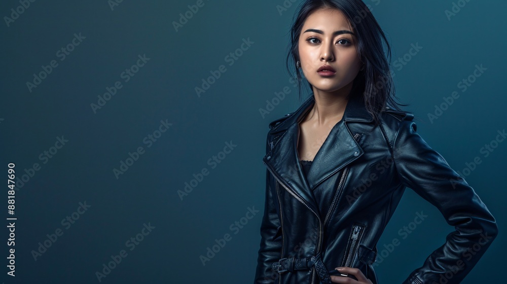 Ultra-sharp photograph of an Asian beauty in a leather coat, hands ...