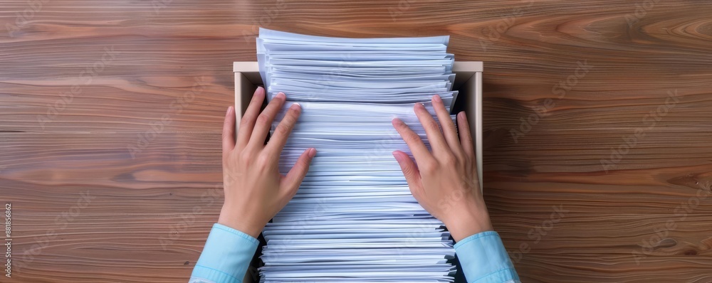 Hands sorting through insurance paperwork in a filing cabinet, forms ...