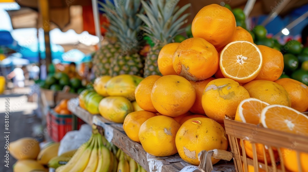 Market stall displaying a vibrant array of fresh citrus fruits ...