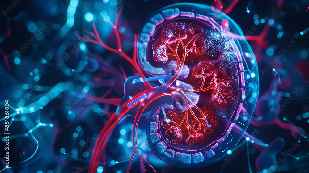 3D Medical illustration of kidney cross section diagram, Human Kidney ...