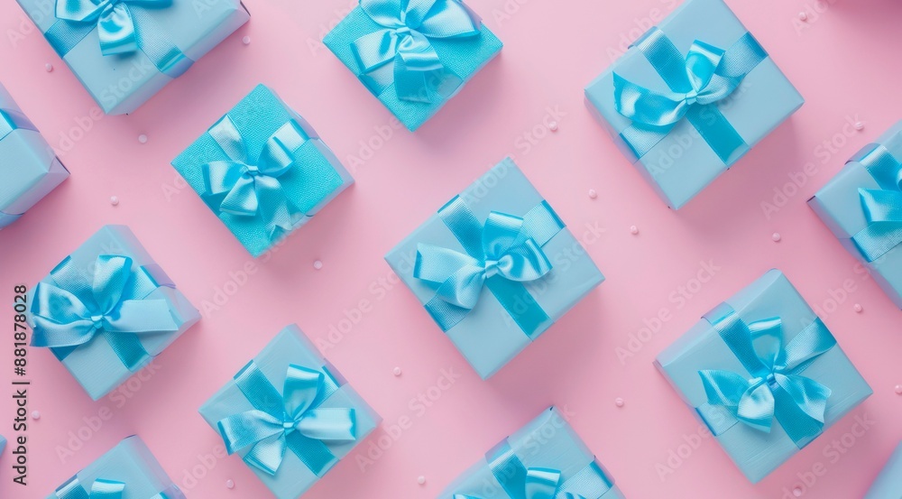 Pattern with blue gift boxes on light pink background, top view ...