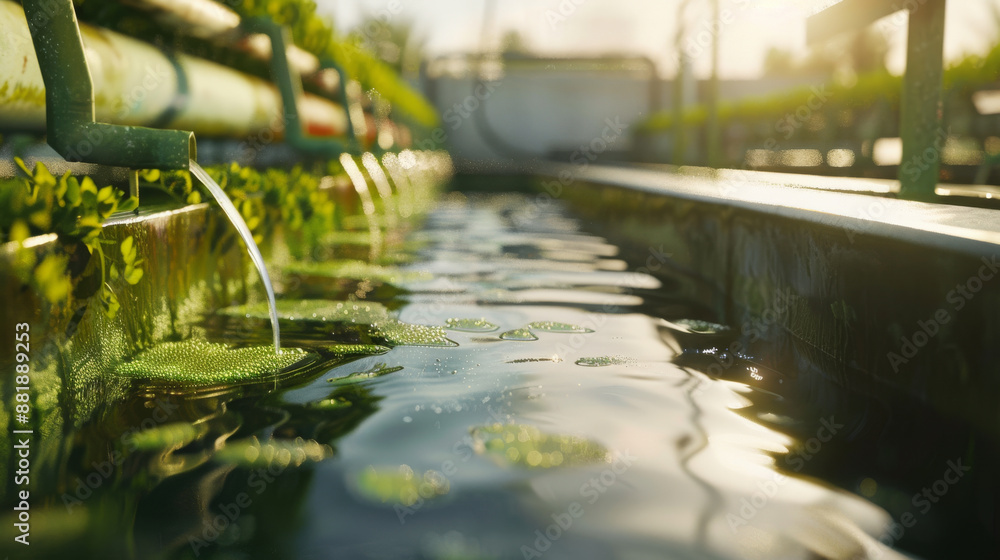 Close-up of algae cultivation system with water running through ...