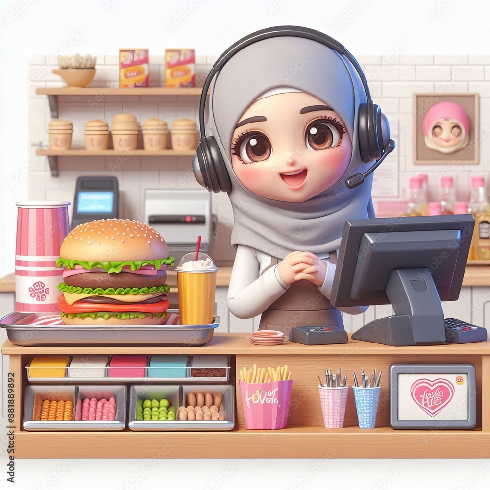 Cute Fast Food Cashier Girl Hijab With Burger And Cash Register Cartoon ...