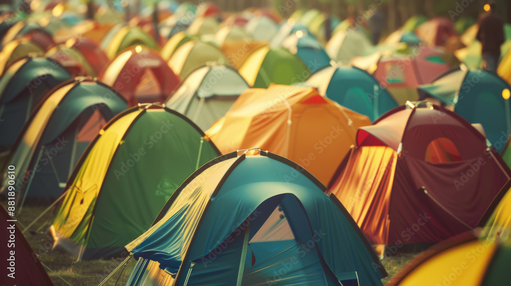 Brightly colored tents densely packed in a field, showing the vivid and ...