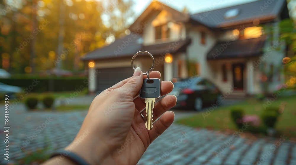 realtor giving house key to young couple customers. Successful family ...