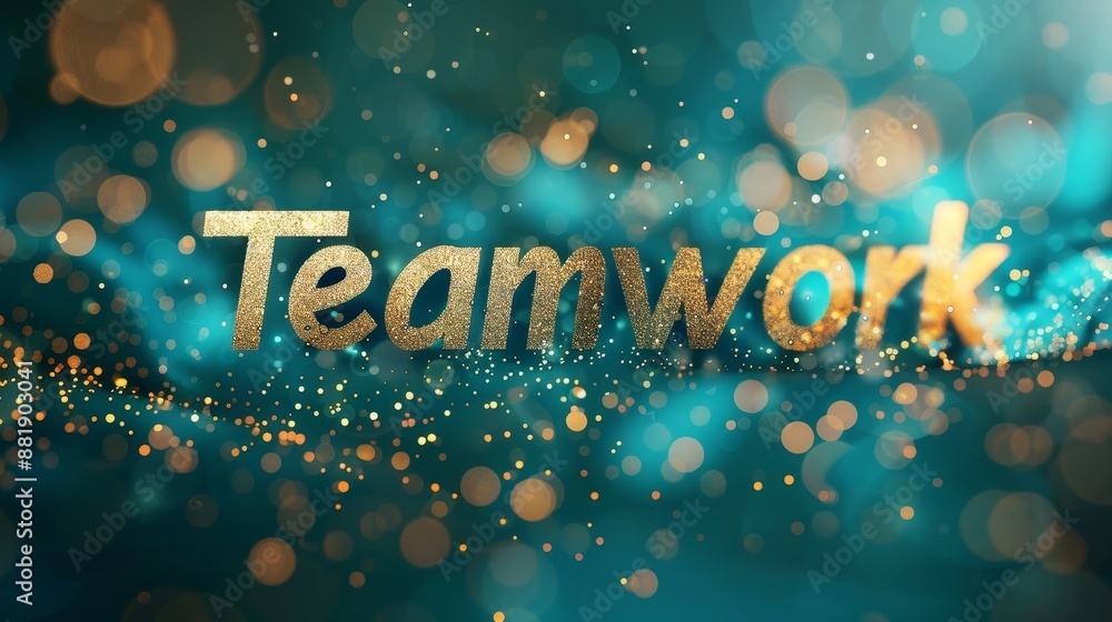 Teamwork word in teal and gold abstract background with glowing ...
