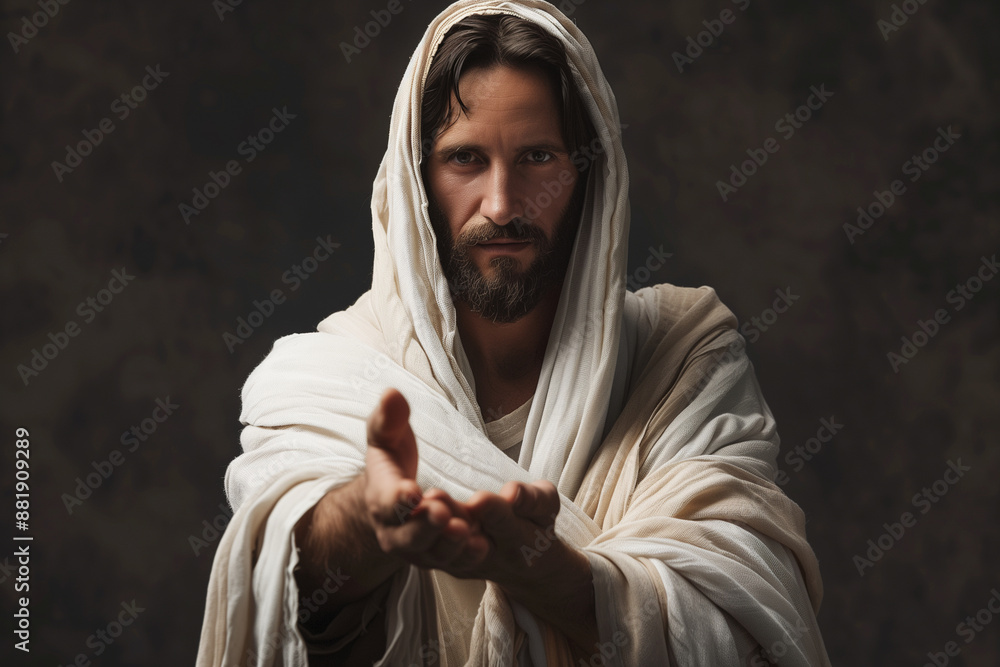 divine compassion of Jesus Christ in a white robe, with an outstretched ...