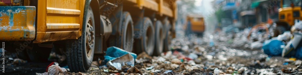 Urban Landscape Littered with Trash Bins and Debris, Illustrating the ...