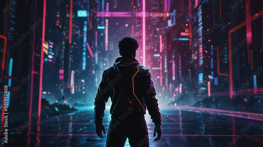 In the midst of a glitchy synthwave quantum realm in a digital anime ...