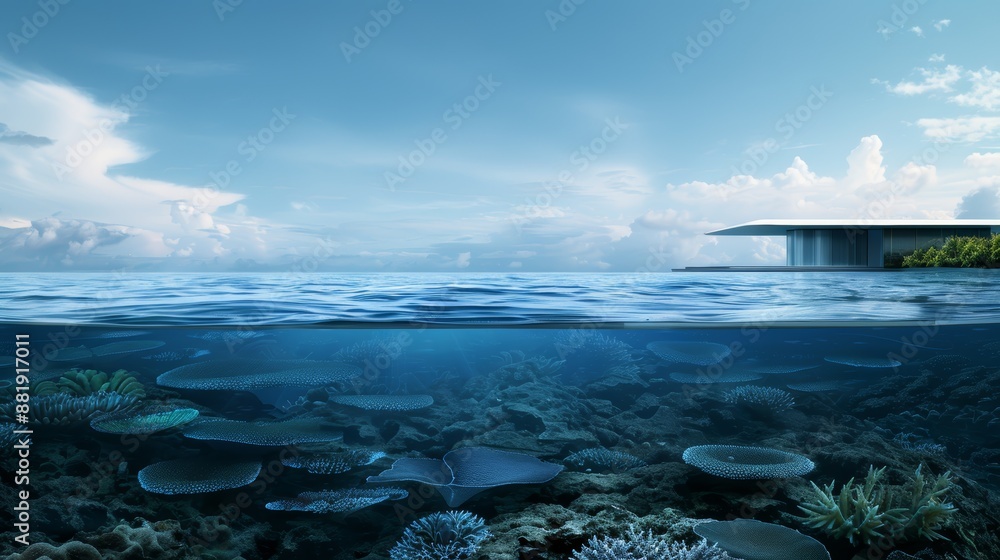Underwater view of vibrant coral reef under a clear sky with a distant ...