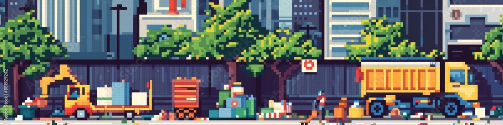 Abstract Colorful Pixel Art Illustrating Waste Management Practices ...