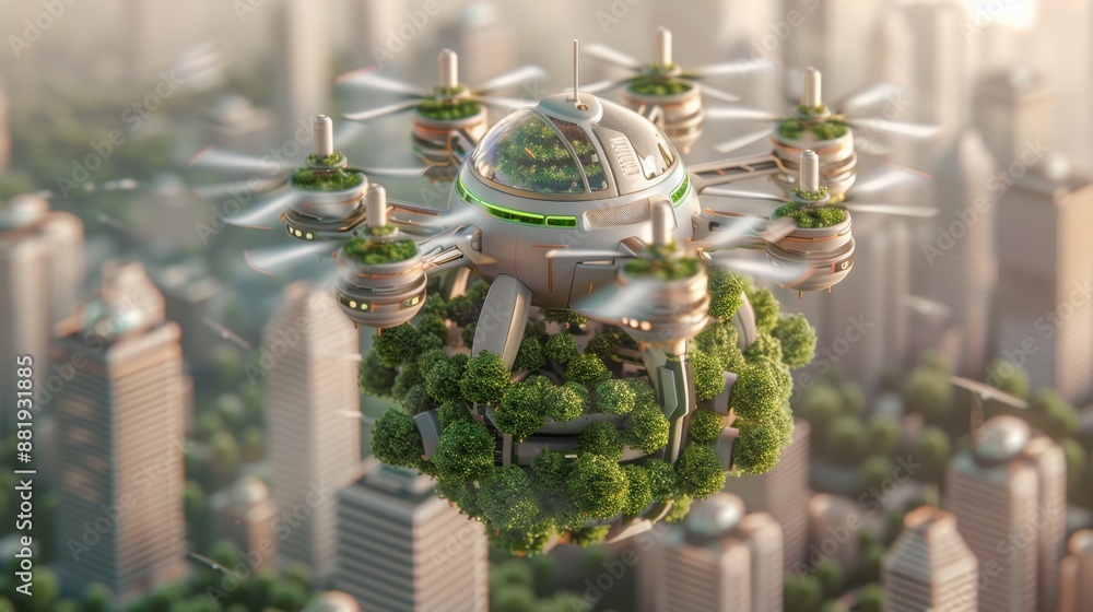 An aerial view of a futuristic agricultural hub with vertical farms and ...
