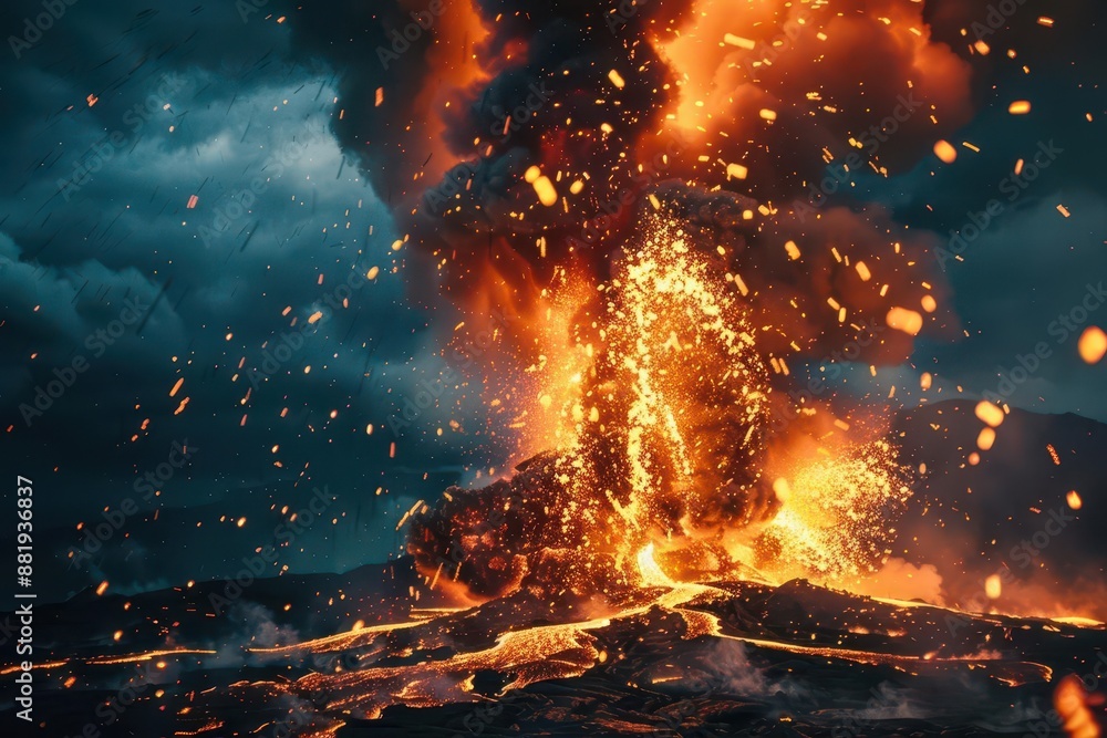 spectacular volcanic eruption against a night sky with glowing lava and ...
