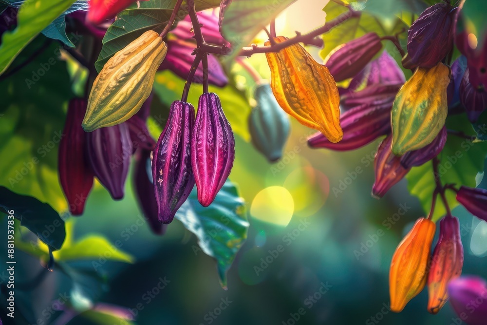 sundappled cocoa pods hang from branches their vibrant colors ranging ...