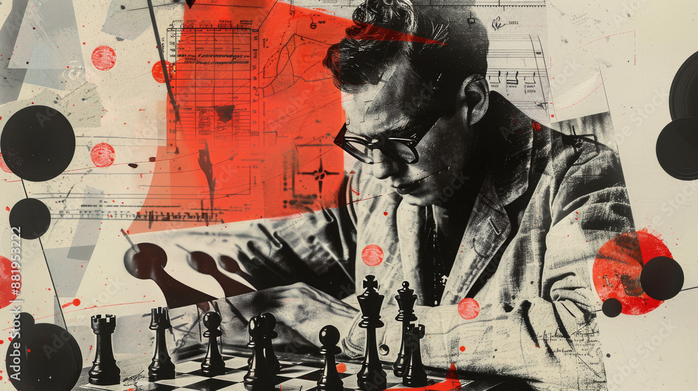 stylized image of a white man playing chess with intense focus. Chaos ...