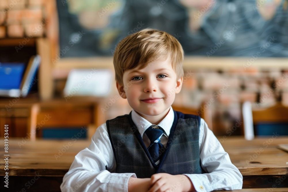 Seven year old boy wearing classy school uniform sits in classroom by desk, smiling at camera ...