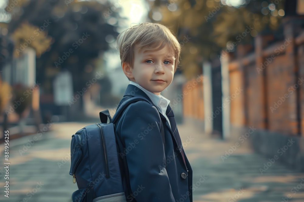 Boy in blue jacket and white shirt walks to school on sidewalk. Calm ...