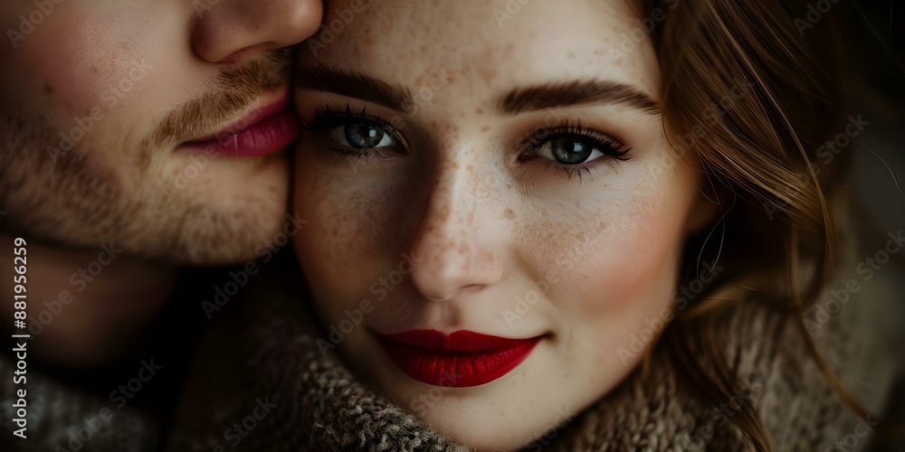 Man kisses womans cheek smudging red lipstick womans face in focus ...
