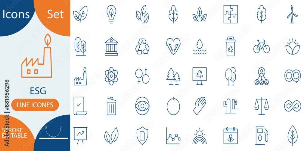 ESG Enviornmental, Social, and Governance line icons set. ESG outline ...