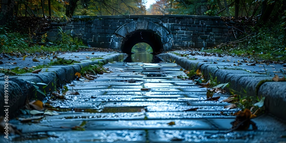Bridge over ditch with sewer pipes concrete stone paving and water ...