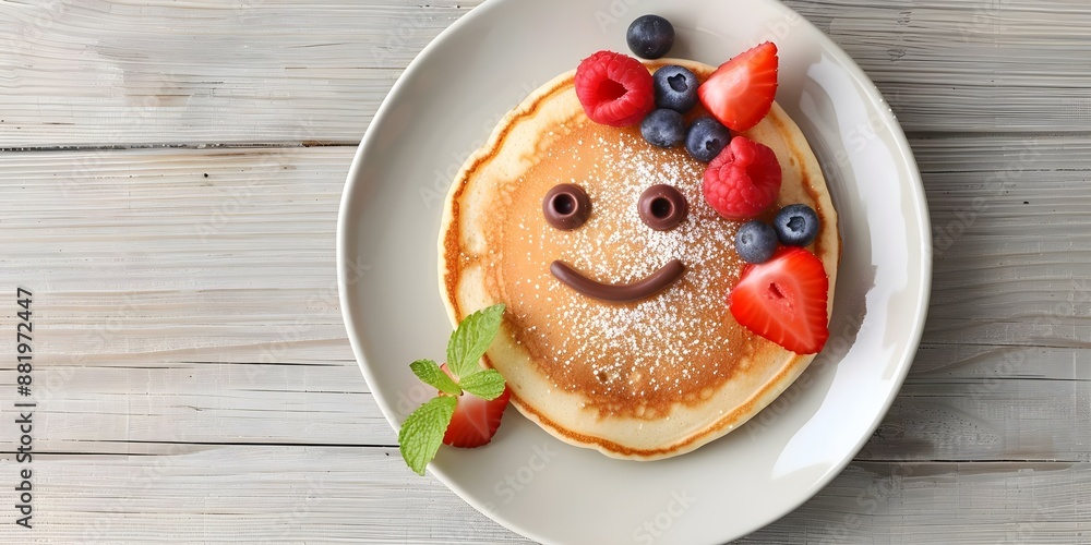 Pancake plate with emoji face chocolate chip eyes fruit toppings mouth ...