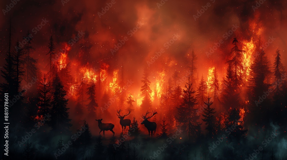 Deer flee a raging forest fire. Powerful flames engulf the trees and ...