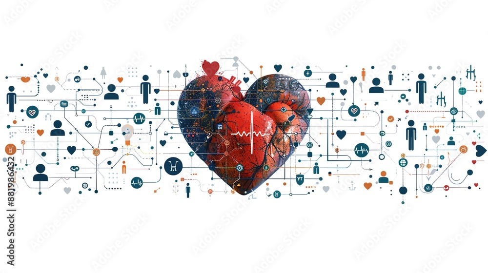 2d illustration sketch of a human heart with medical symbol and ...