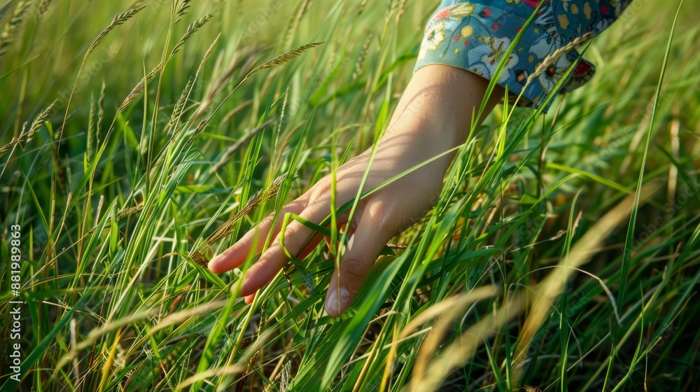 Photograph of a woman's hand touching the grass Stock Photo | Adobe Stock