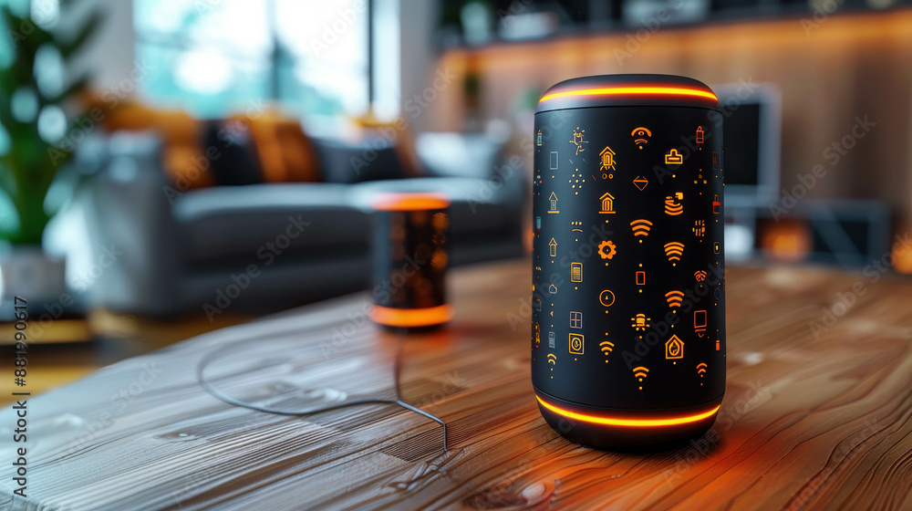 A sleek AI-powered smart home assistant device with glowing lights ...