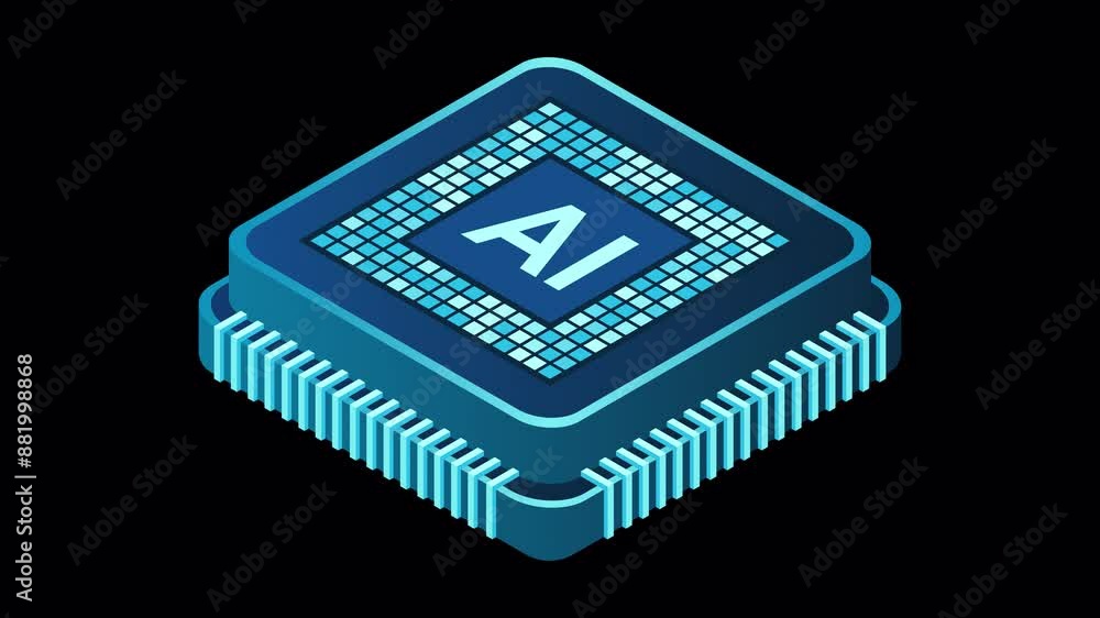 Isometric artificial intelligence chip animation. Artificial intelligence concept. Futuristic ...