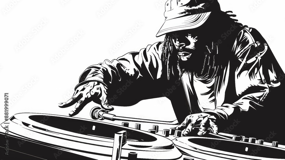 Club DJ with afro hairstyle playing mixing music on vinyl turntable at ...