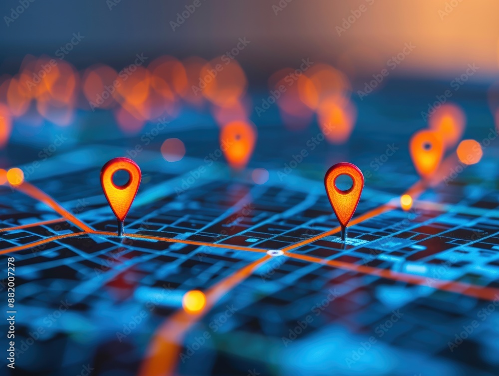 Double exposure of manager with digital map and drop points ...