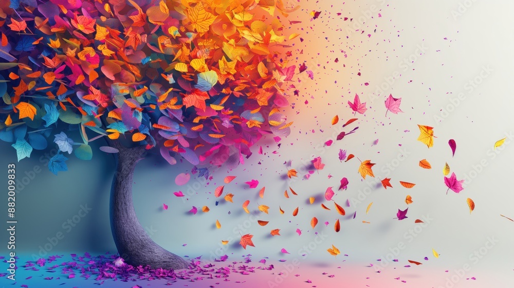 Vibrantly colored leaves scattering from a magical tree with a gradient ...