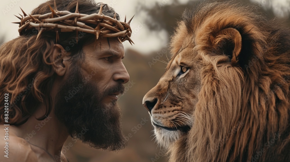 Jesus wearing crown of thorns and lion face to face, both looking at ...