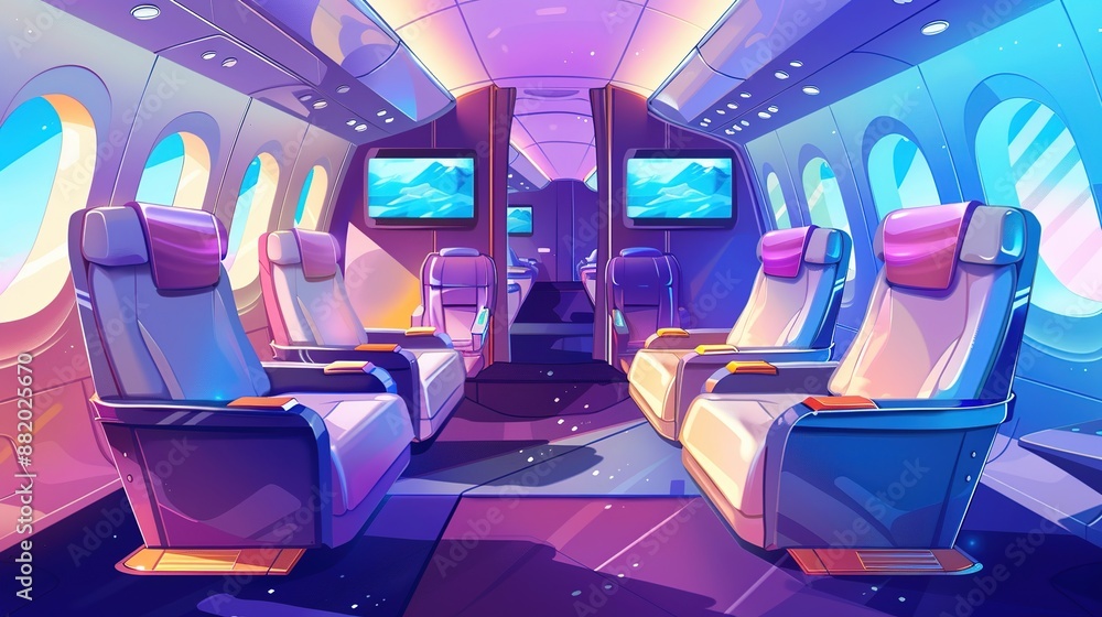 cartoon of the inside of a VIP plane with comfortable seats and big TV ...