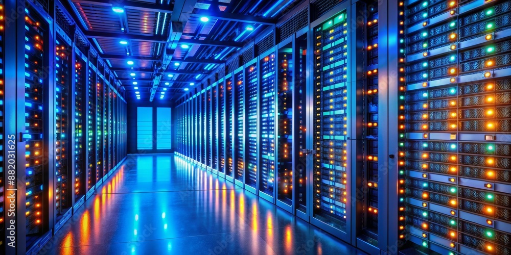 Data Center Server Room Interior with Blue and Orange Lights, Server ...
