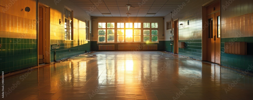 Eerie school basement with flickering lights, damp walls, and a sense ...