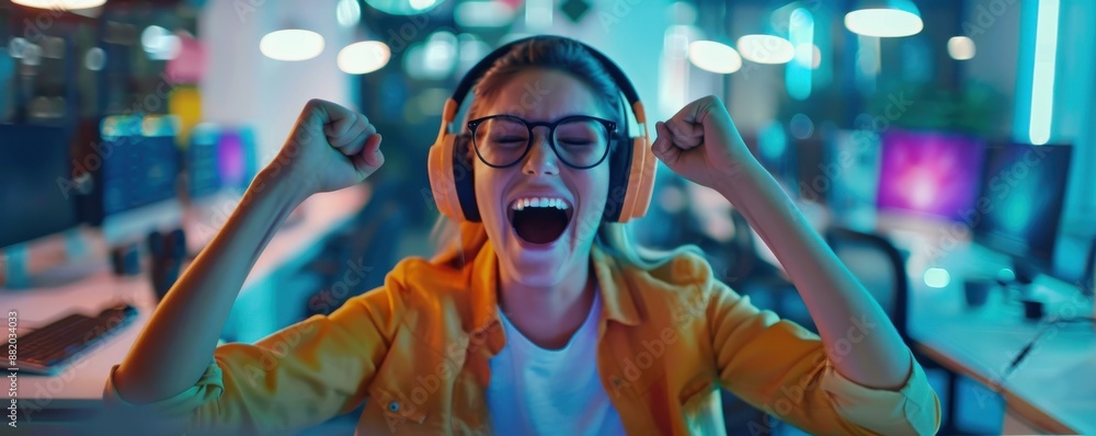 Excited gamer girl with headphones celebrating victory in a colorful ...