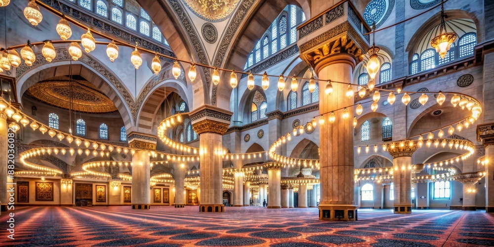 Golden Light Illuminates the Mosque Interior, Wide Angle, Columns and ...