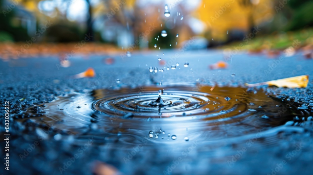 High-definition image capturing raindrops forming ripples on a wet ...
