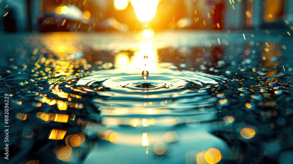 High-definition image capturing raindrops forming ripples on a wet ...