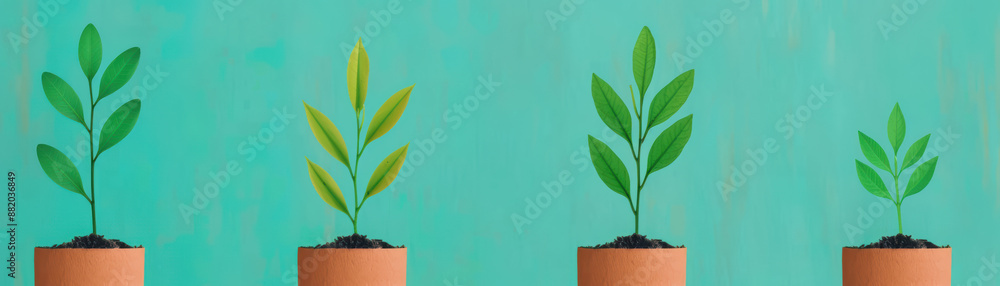 Four potted plants at various stages of growth against a turquoise ...