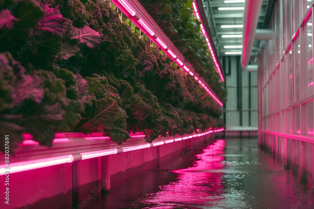 Hydroponics vertical farm growing kale and other greens inside an ...