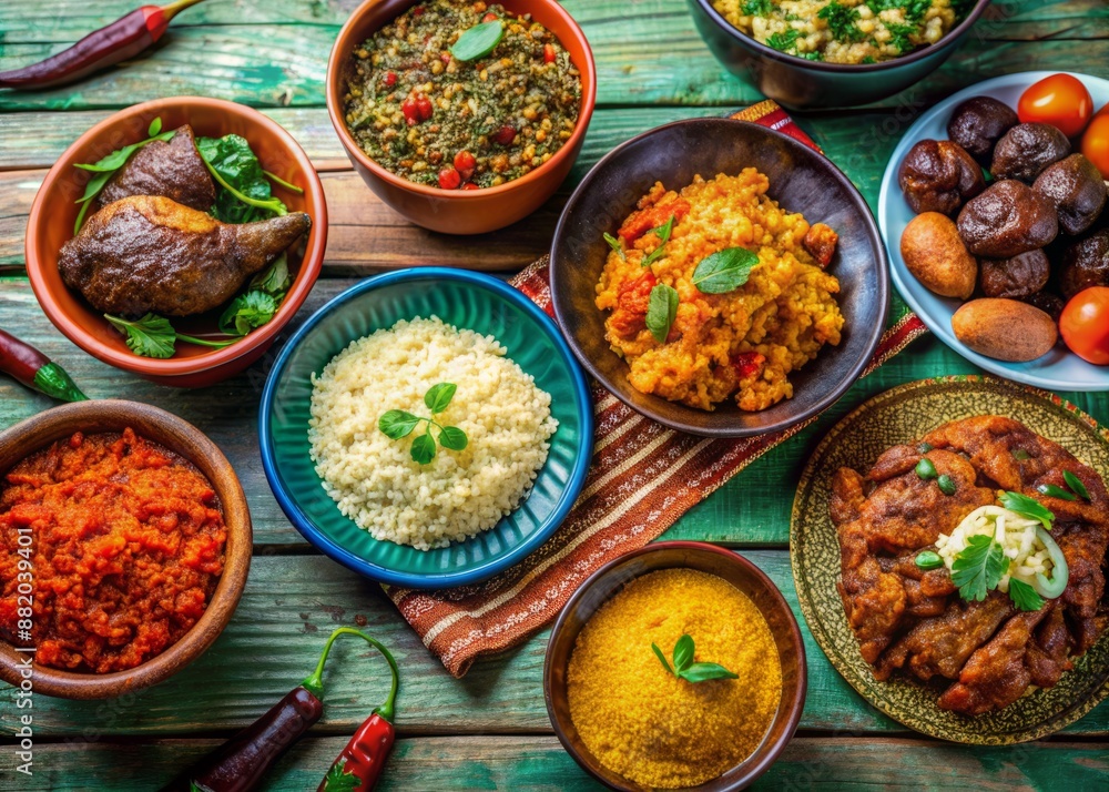 Vibrant arrangement of traditional African dishes like jollof rice ...