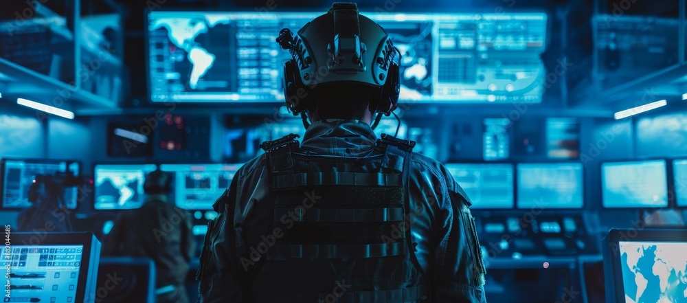 Military officer in tactical gear looking at multiple screens in ...