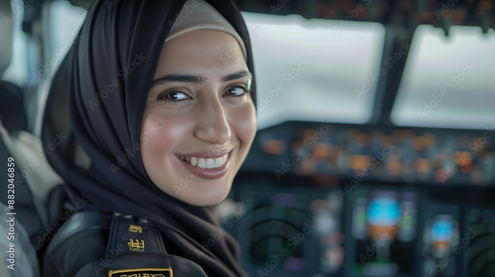 Proud Female Pilot Wearing Hijab and Pilot Uniform in Cockpit ...